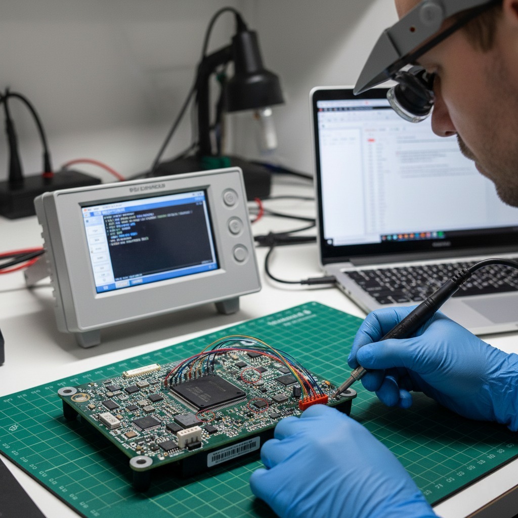 Professional technician soldering MCU for airbag module repair